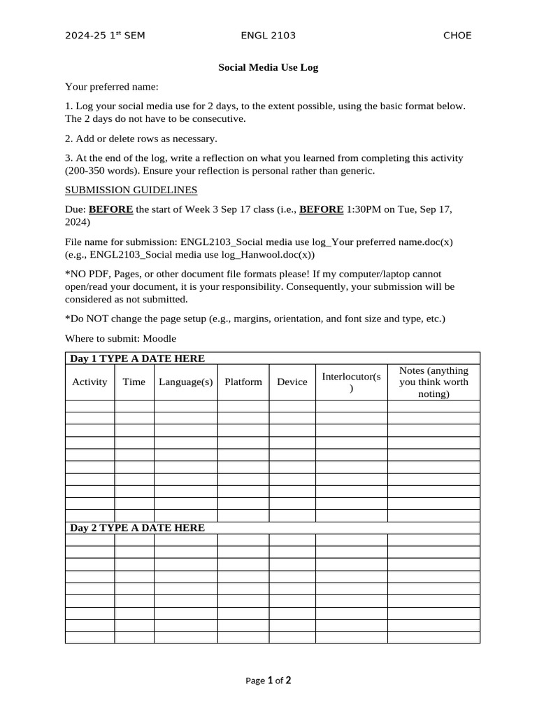 ENGL2103 - Social Media Use Log - Your Preferred Name | PDF