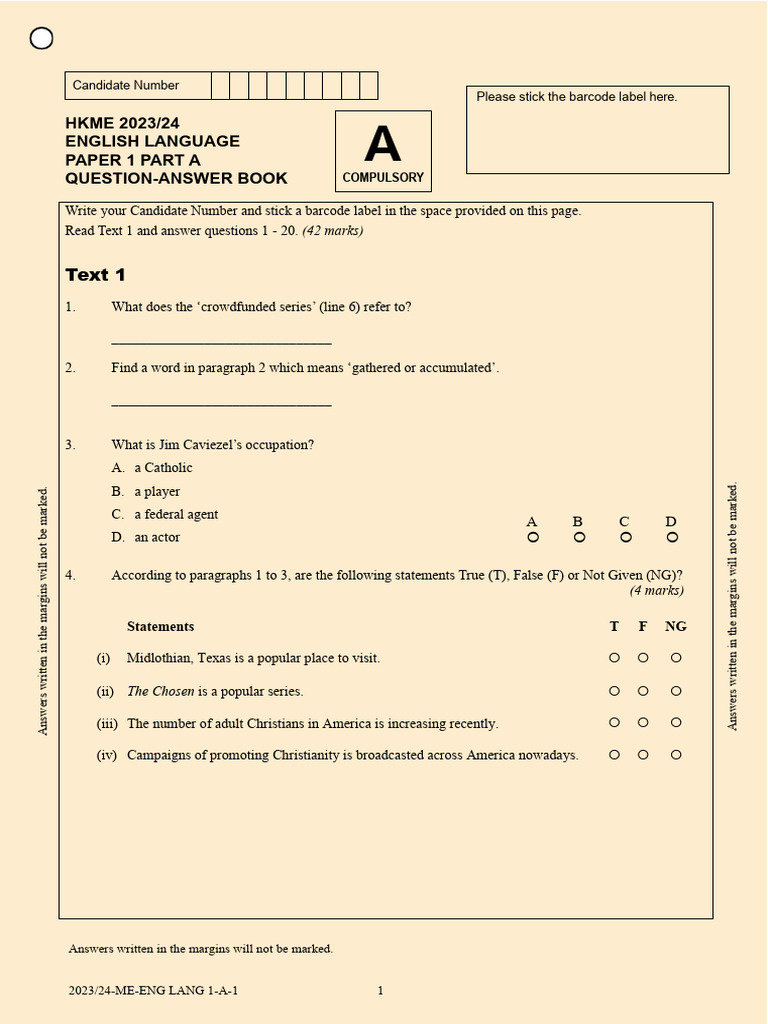 2023/24 English Language Exam Paper 1 | PDF