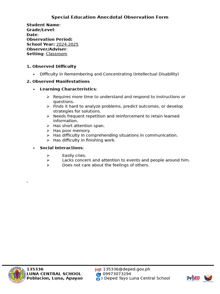 Special Education Anecdotal Observation Form | PDF