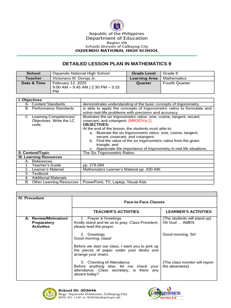Trigonometric Ratios Lesson Plan for Grade 9 | PDF | Trigonometric ...