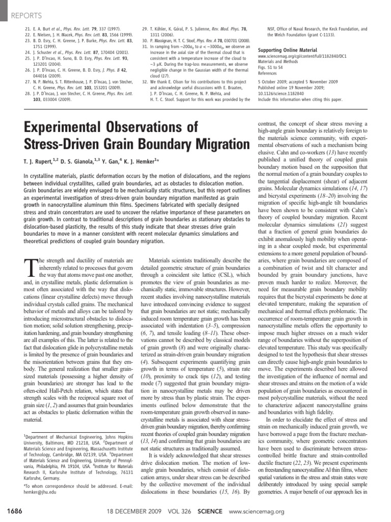 Experimental Observations of Stress-Driven Grain Boundary Migration | PDF | Crystallite ...