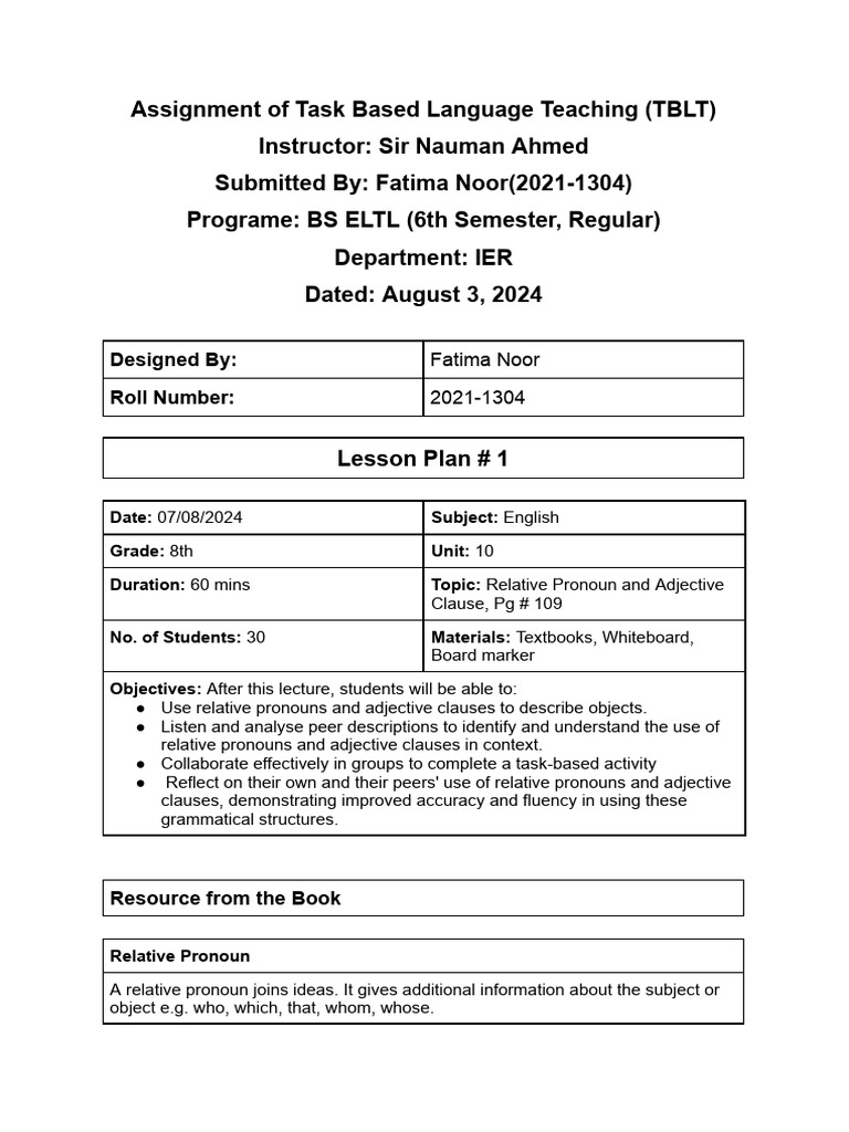 Fatima Noor's TBLT Lesson PLan | PDF | Pronoun | Lesson Plan
