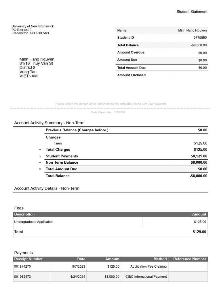 Receipt of 8000 CAD - Fall 2024 UNB - NguyenMinhHang | PDF | Payments