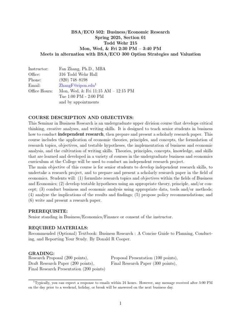 BSA 502 Business Research - Syllabus - Zhang | PDF | Statistics | Econometrics