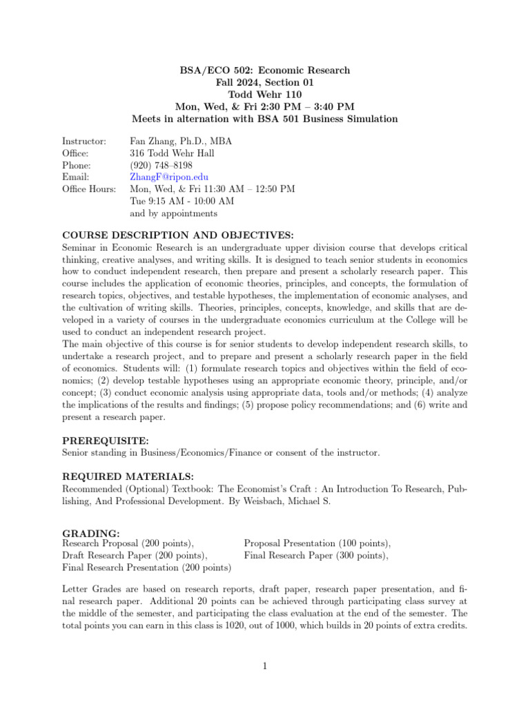 ECO 502 Economic Research - Syllabus - Zhang | PDF | Statistics | Cognition