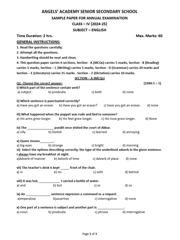 class 4 sample paper | PDF | Sentence (Linguistics) | Predicate (Grammar)