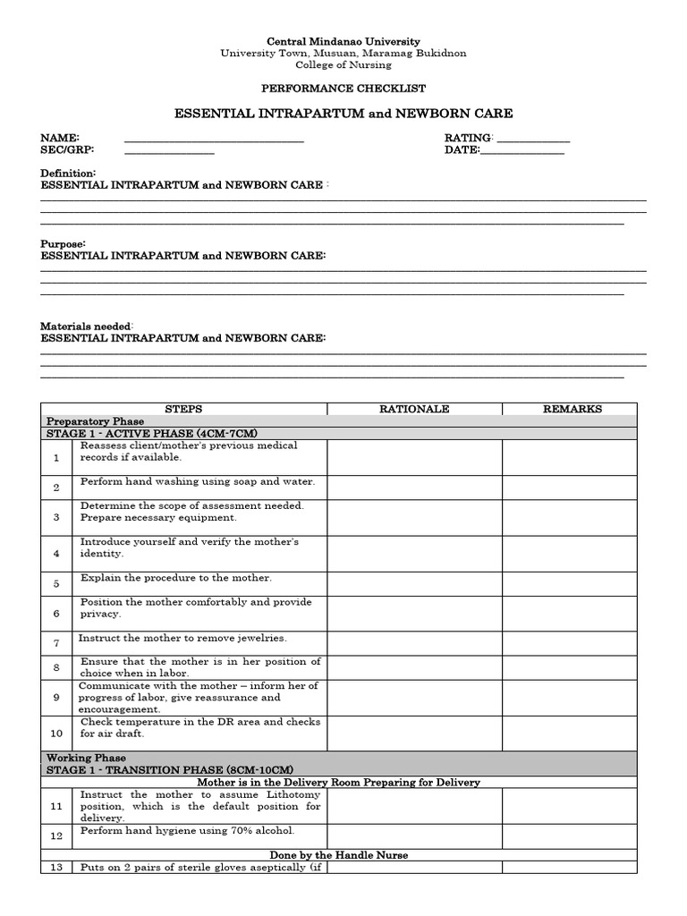 EINC-CHECKLIST-FINAL | PDF | Childbirth | Breastfeeding