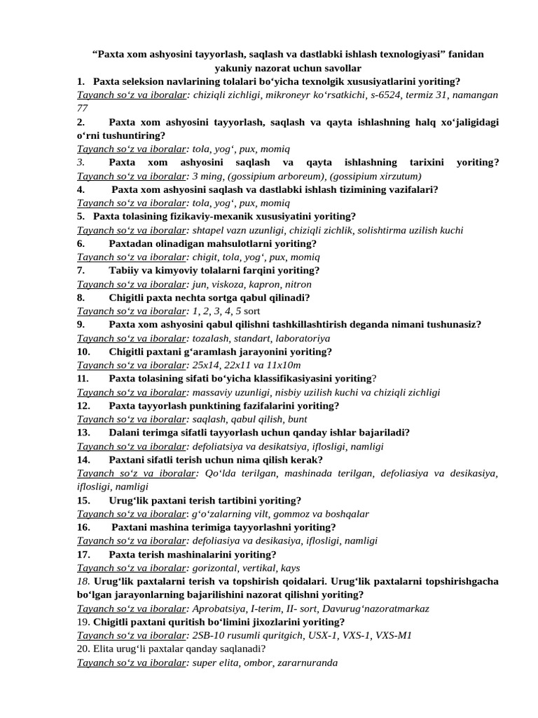 Paxta Xom Ashyosini Tayyorlash Yakuniy Savollari | PDF