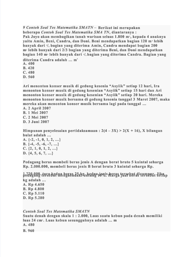 9 Contoh Soal Tes Matematika SMATN - Contoh Soal Tes Matematika SMA TN ...