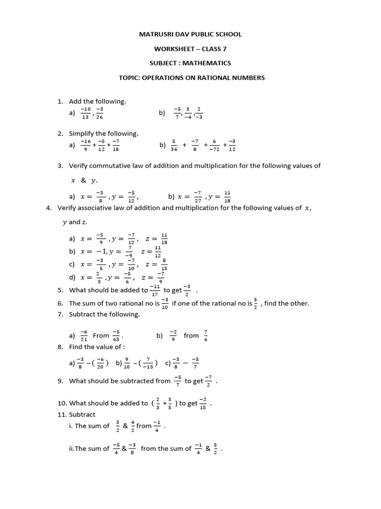 Class 7 Rational Numbers Worksheet | PDF | Subtraction | Multiplication