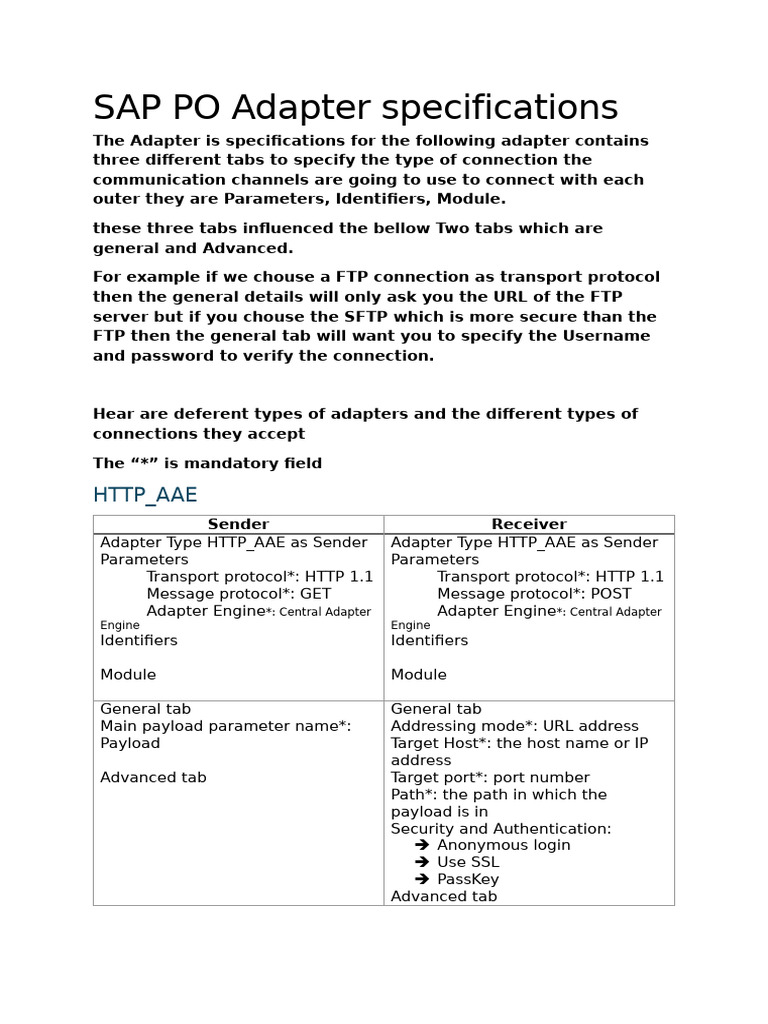 SAP PO Adapter Specifications | PDF | File Transfer Protocol | Network Protocols