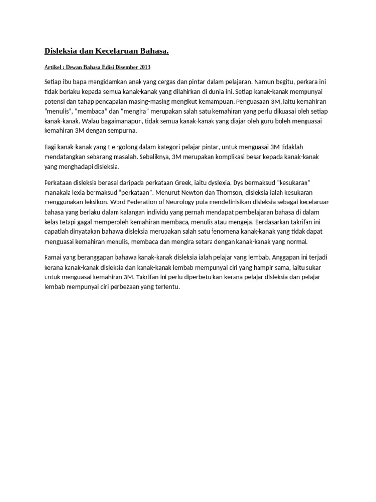 Disleksia Dan Kecelaruan Bahasa | PDF