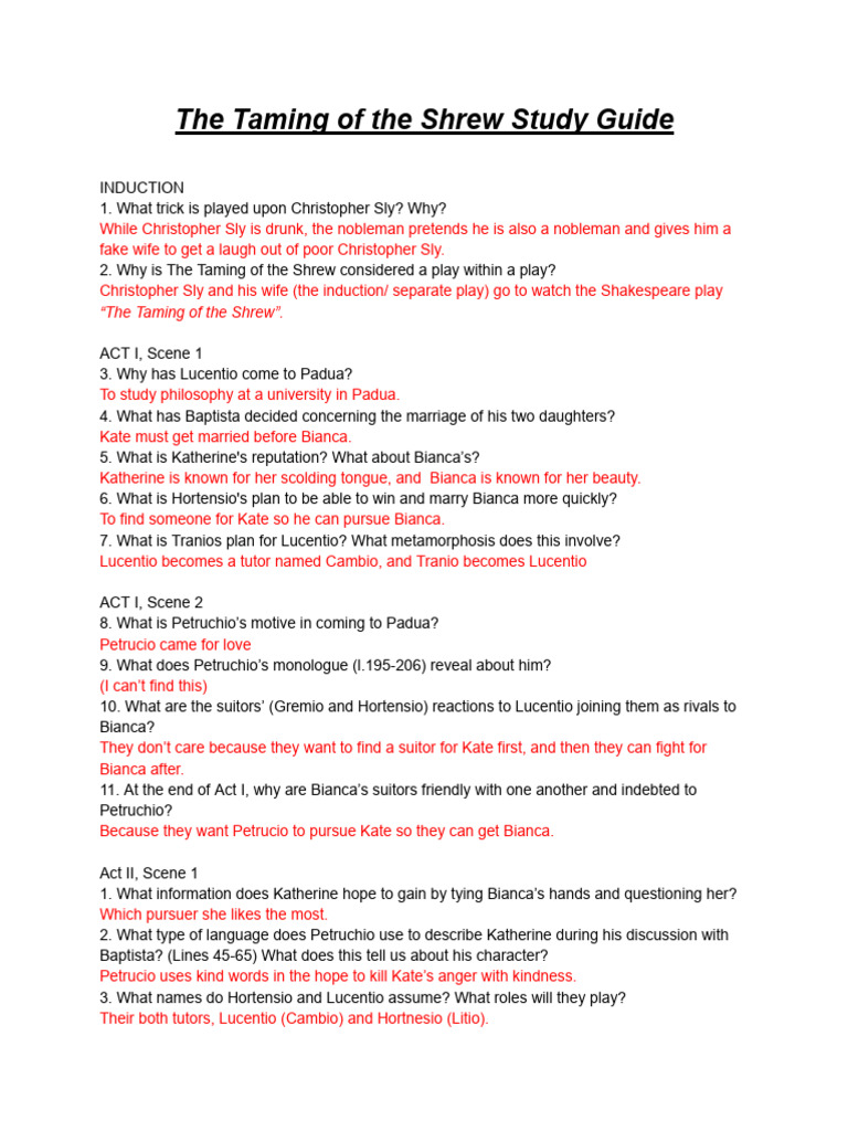 The Taming of The Shrew Study Guide | PDF | The Taming Of The Shrew ...