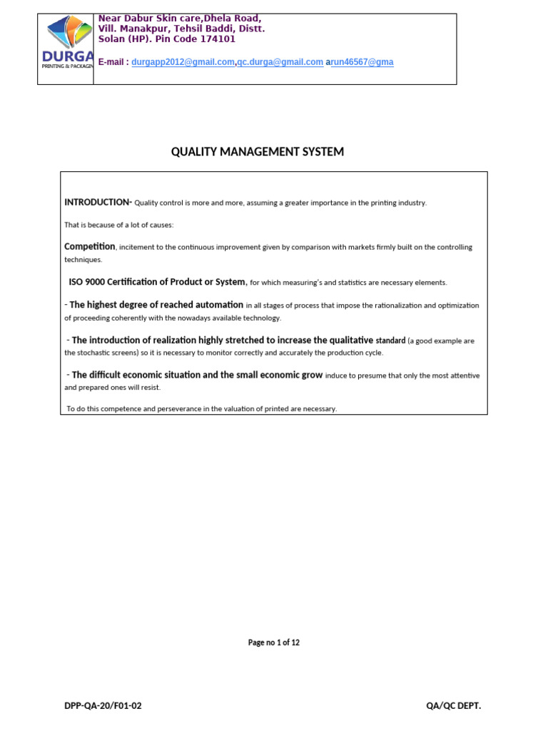 Quality Management System - Dpp.qa.f-O1-Qms | PDF | Cyan | Color