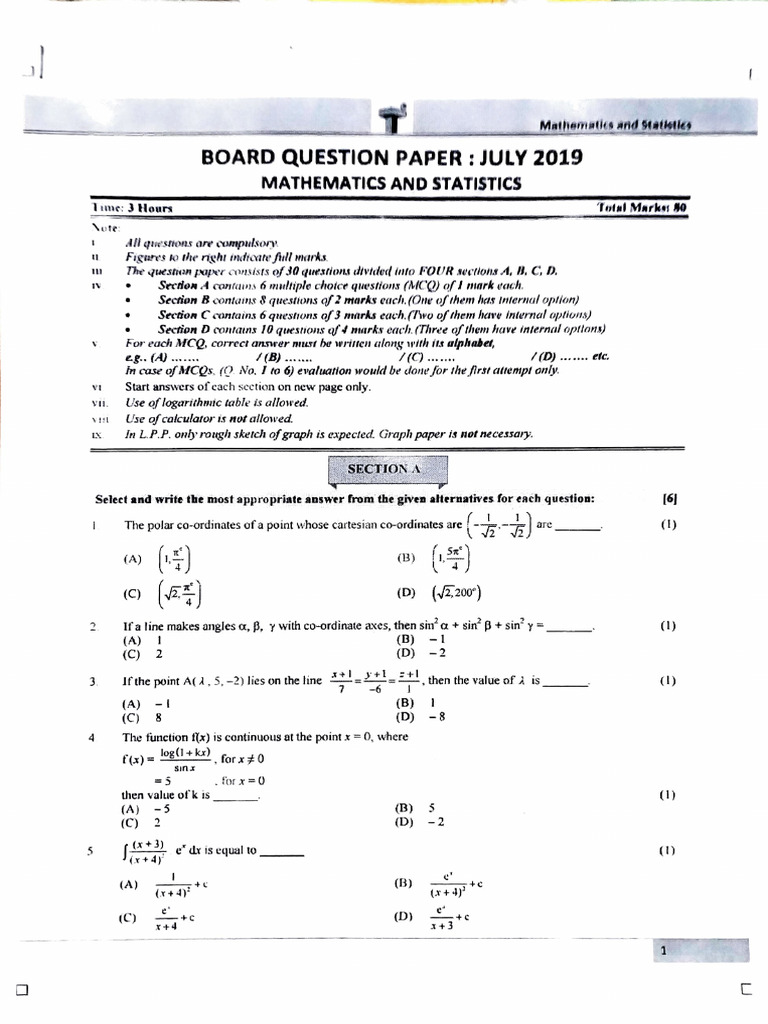 Board Question Paper July 2019 Maths | PDF | Euclidean Vector | Equations
