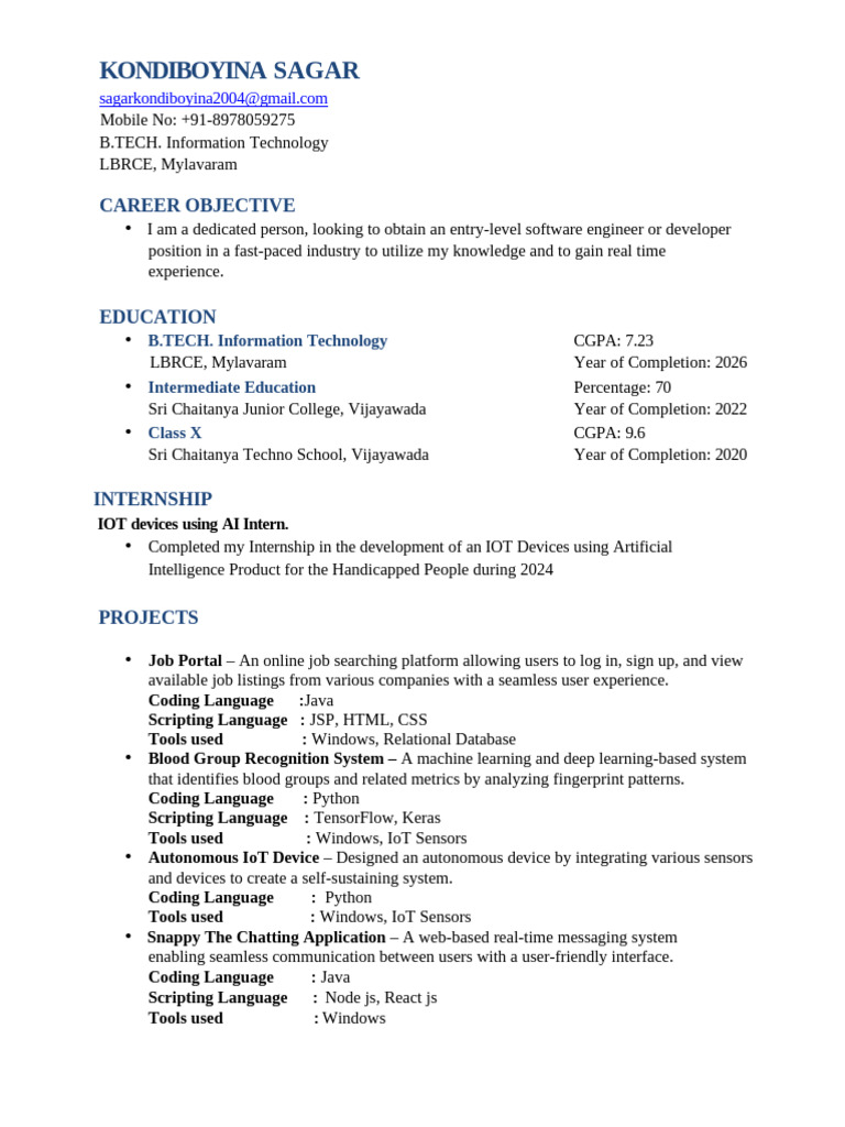 Sagar Resume Without Picture 1 | PDF | Internet Of Things | Java (Programming Language)