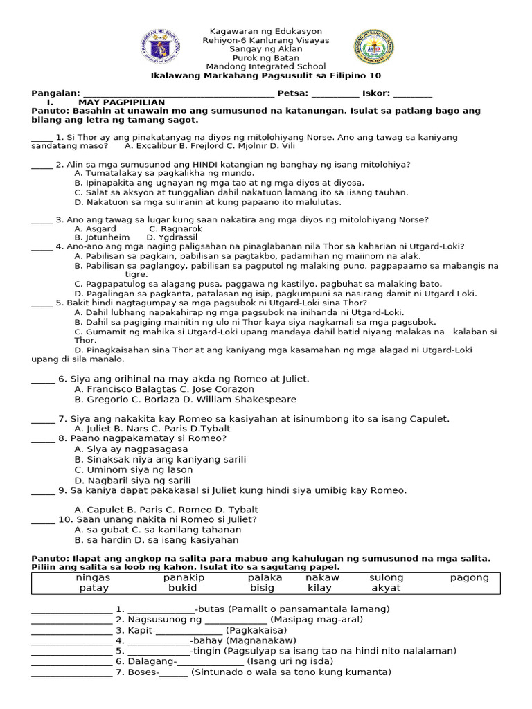 Ikalawang Markahang Pagsusulit Sa Filipino 10 | PDF