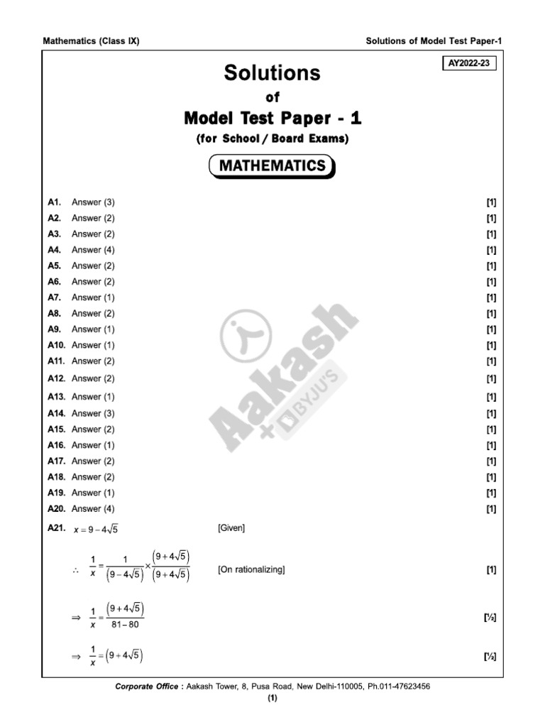 Aakash Model Test Papers Solutions Annual 22 23 IX Mathematics | PDF