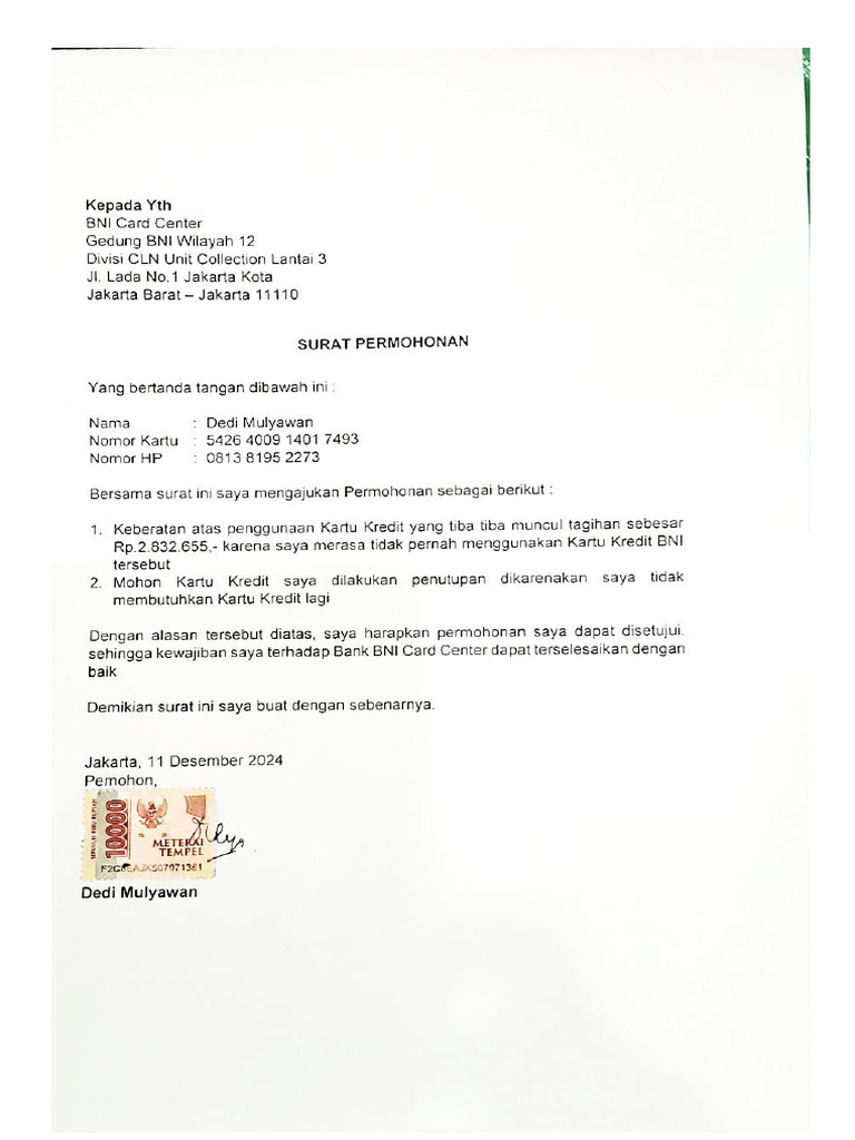 Surat Permohonan BNI | PDF