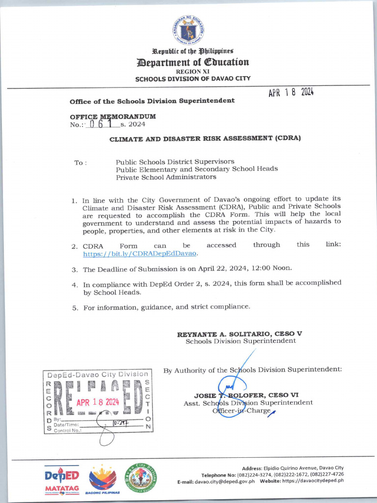 2024 Office Memo 061 Climate and Disaster Risk Assessment Cdra | PDF