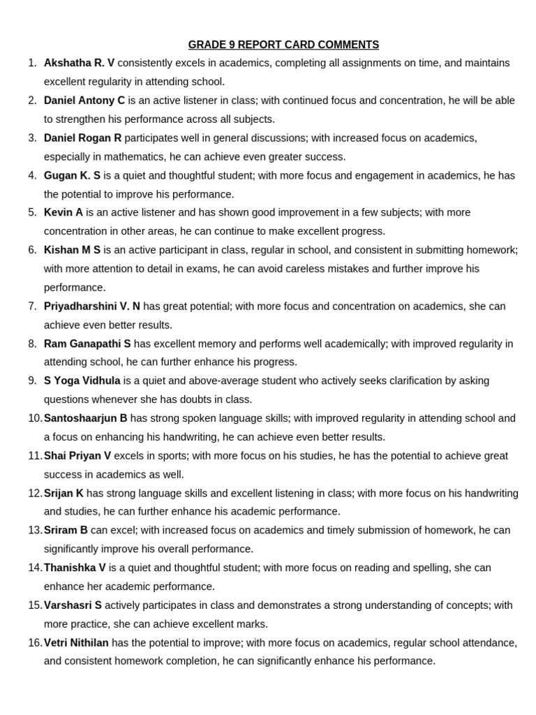 Grade 9 Report Card Comments | PDF | Homework