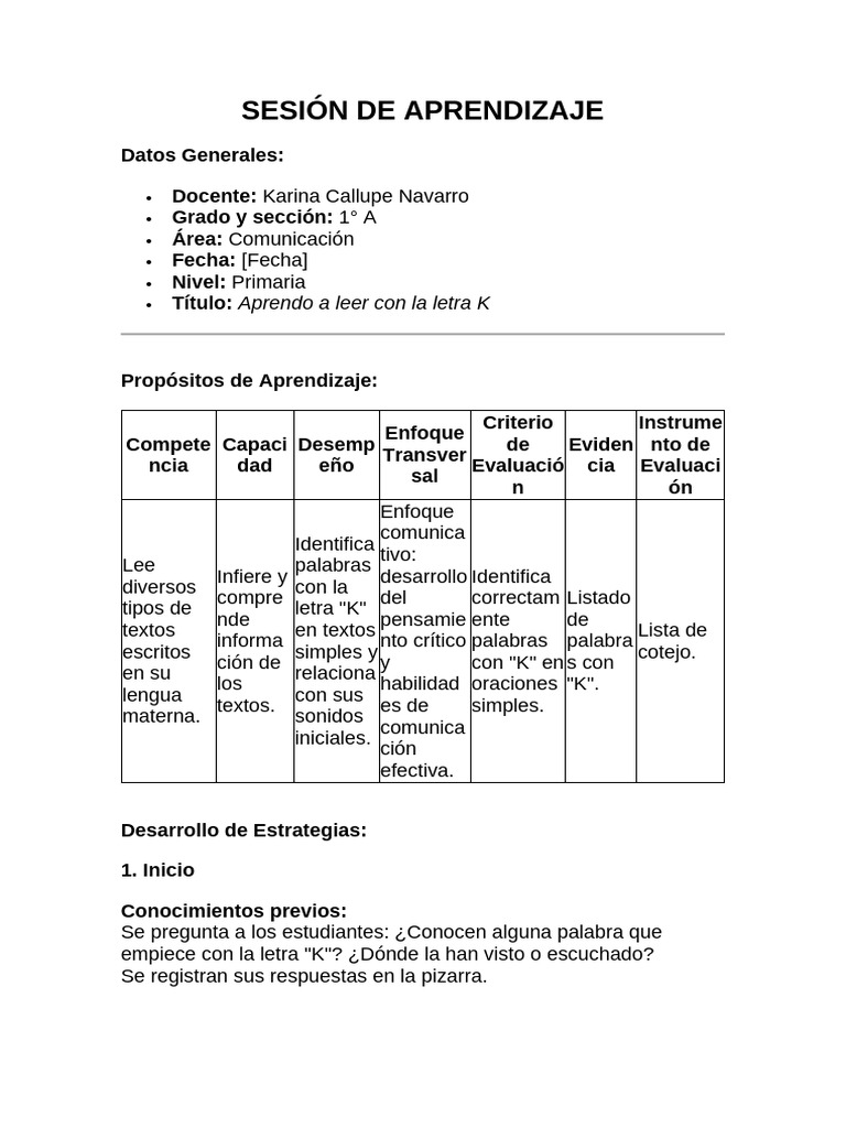 Sesión Aprendo A Leer Con La Letra K 1er Grado | PDF | Psicología ...