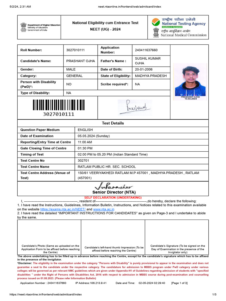 NEET 2024- ADMIT CARD | PDF | Identity Document