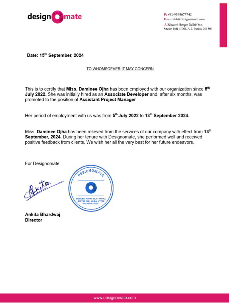Daminee DesignOmate Experience Letter | PDF