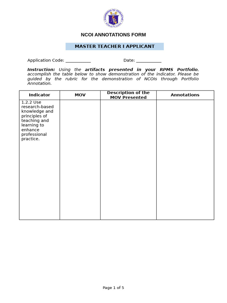 MTI NCOI Annotations Form | PDF | Learning | Teachers