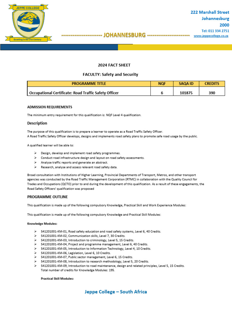 Occupational Certificate Road Traffic Safety Officer | PDF ...