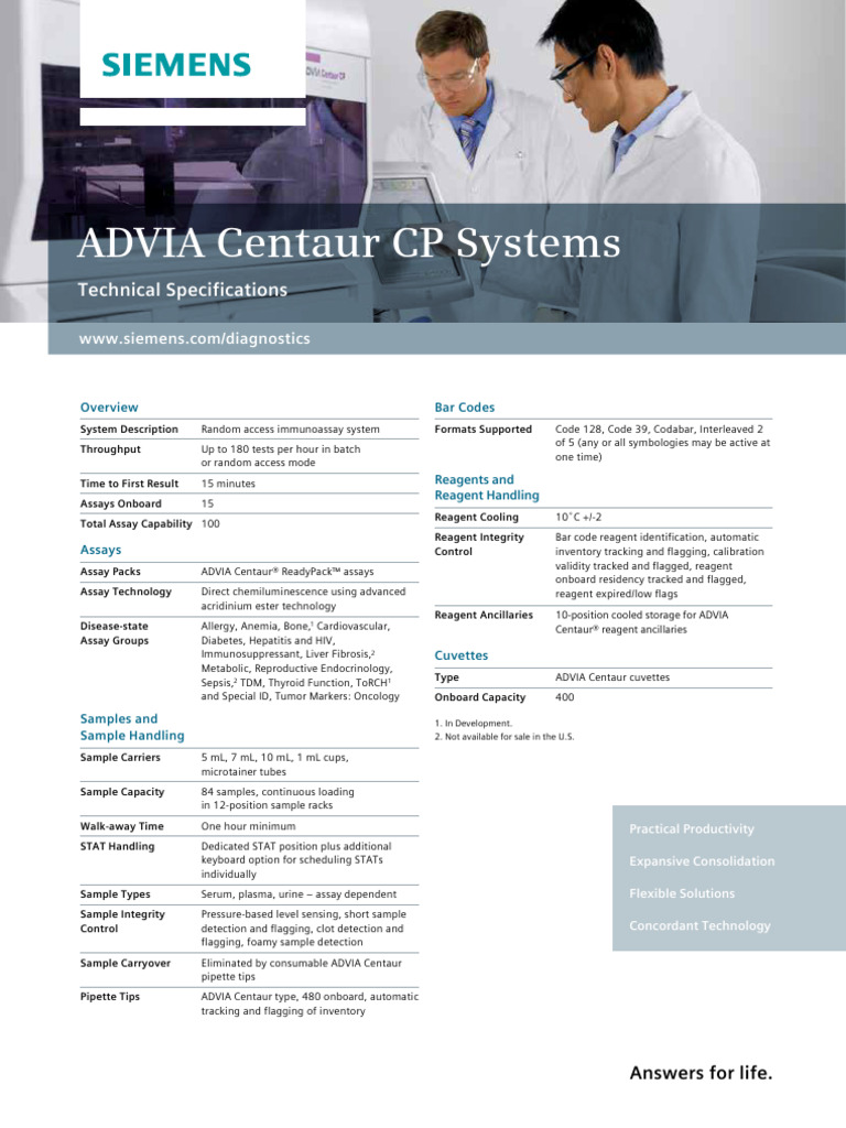 Mid To Large Size Immunoassays ADVIA - Centaur CP Technical Specs Brochure | PDF