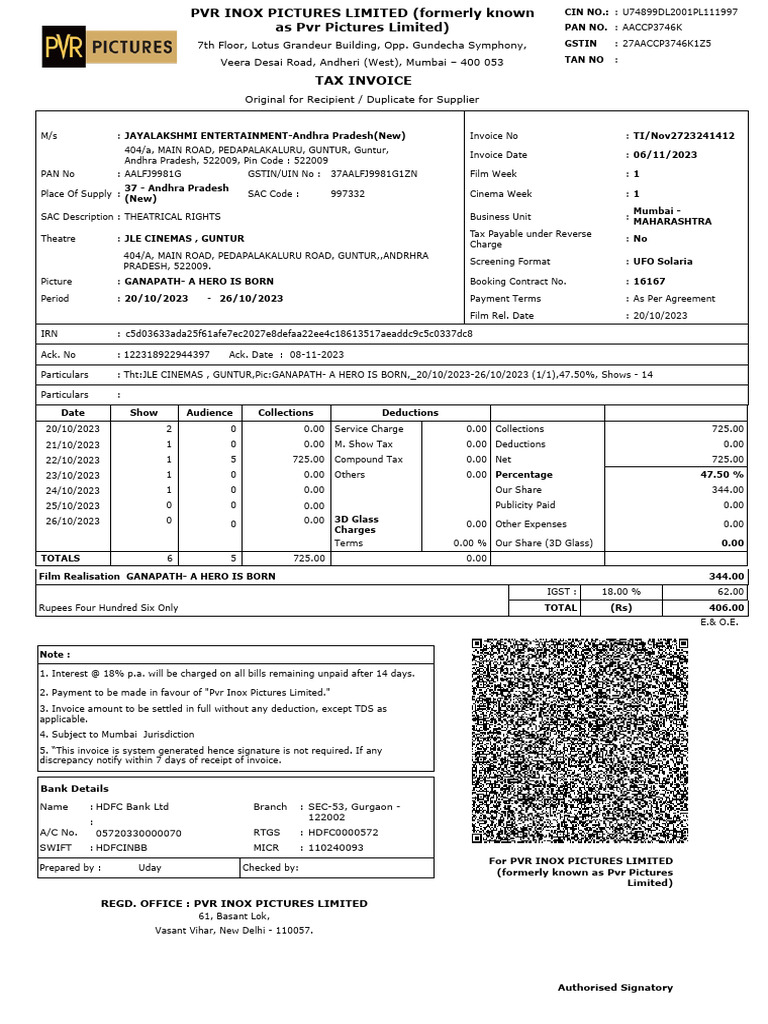 Ganapath (Hindi) Jle Cinemas - Guntur 01st Week Invoice | PDF | Taxes ...