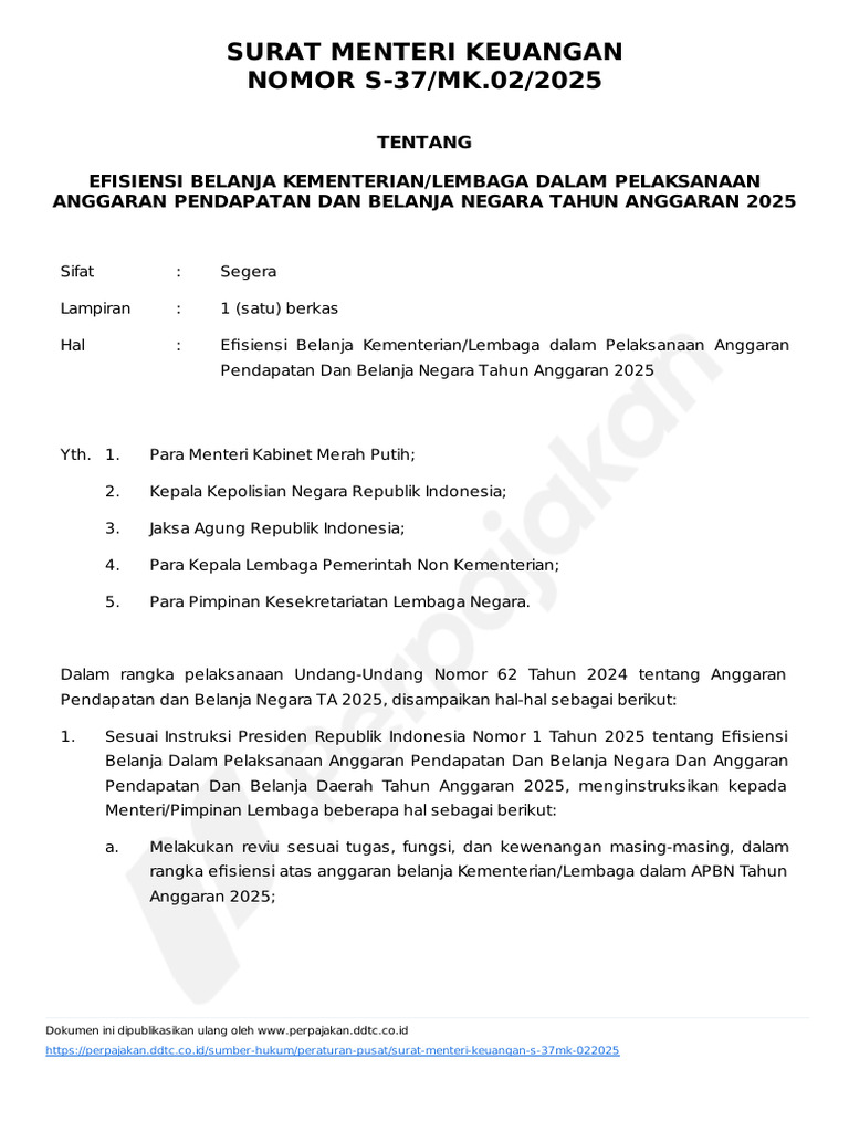 Surat Menteri Keuangan Nomor_ S-37_MK.02_2025 | PDF