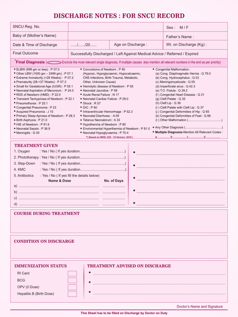 7-Discharge Note - For SNCU Record | PDF | Low Birth Weight | Childhood