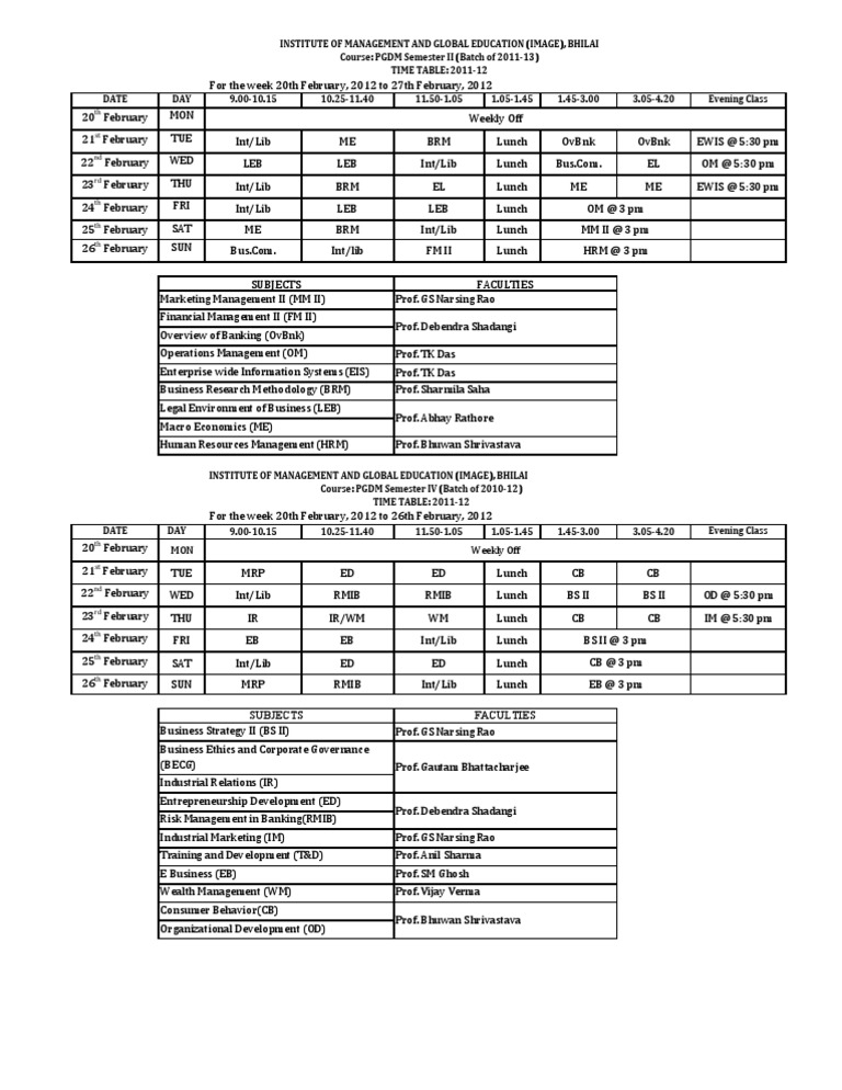PGDM Semester II Timetable 2011-12 | PDF