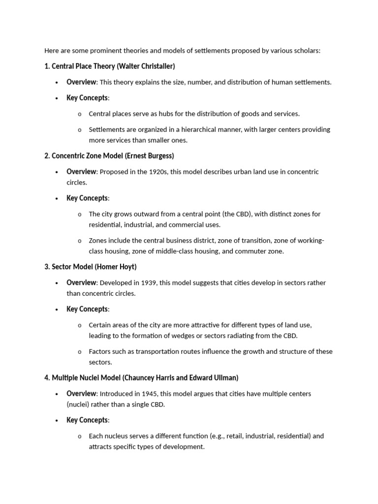 Prominent Theories and Models of Settlements Proposed by Various ...