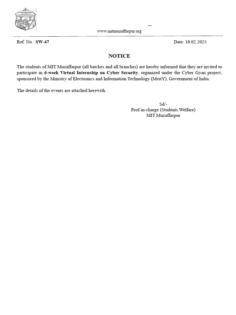 SW-47 - Notice For 6-Week Virtual Internship On Cyber Security | PDF ...
