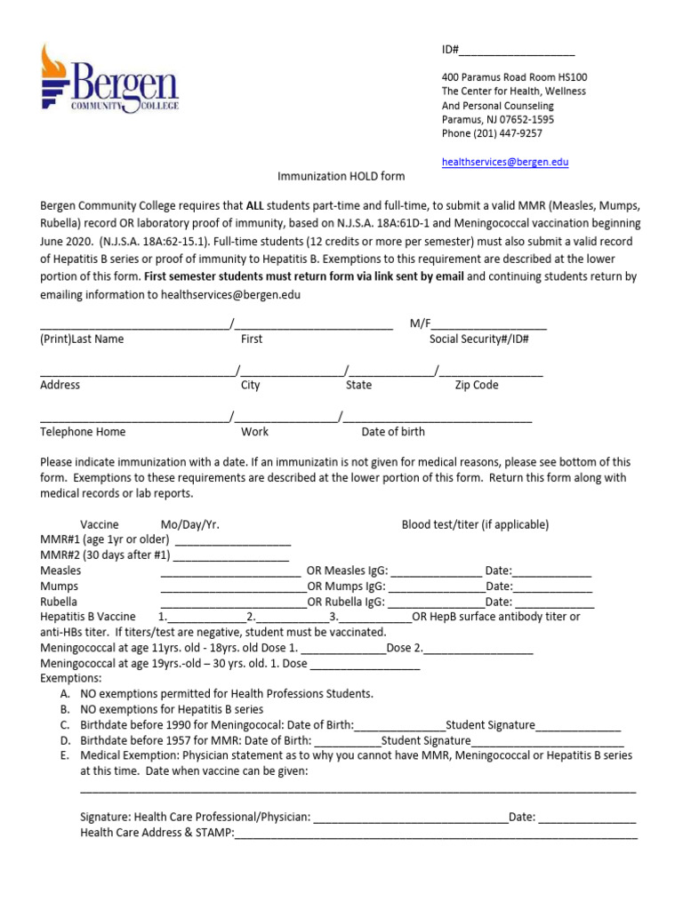 Bergen Community College Immunization Form | PDF | Immunoglobulin G ...