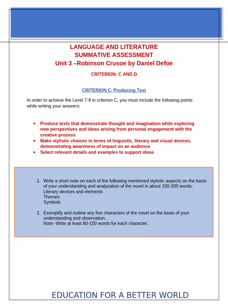 MYP 2 Language & Literature: Crusoe Analysis | PDF