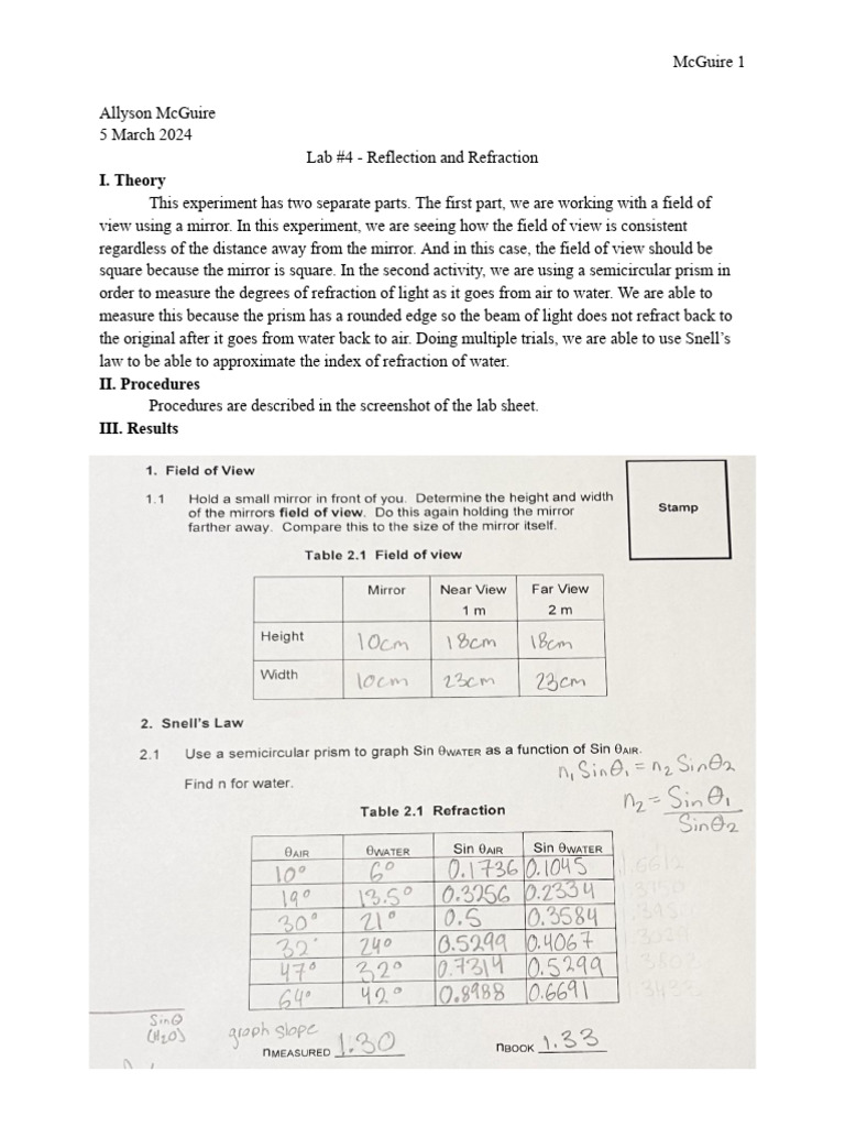 Physics Lab: Reflection & Refraction | PDF