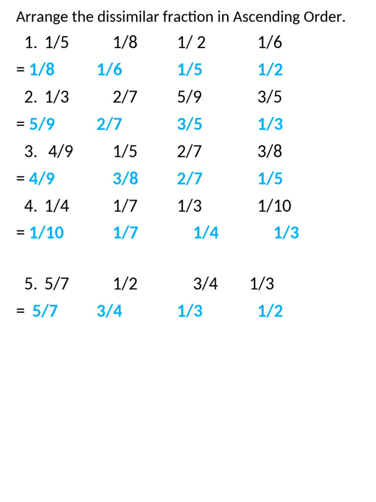 Arrange The Dissimilar Fraction in Ascending Order | PDF