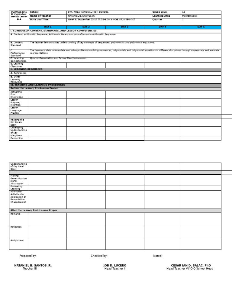 JHS Matatag Lesson Exemplar Mathematics10 1week9 | PDF
