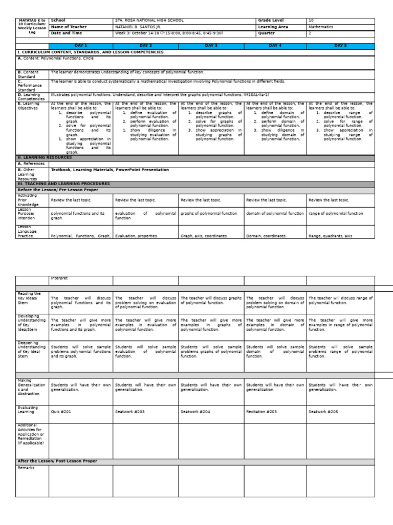 JHS Matatag Lesson Exemplar Mathematics10 2week3 | PDF | Function ...