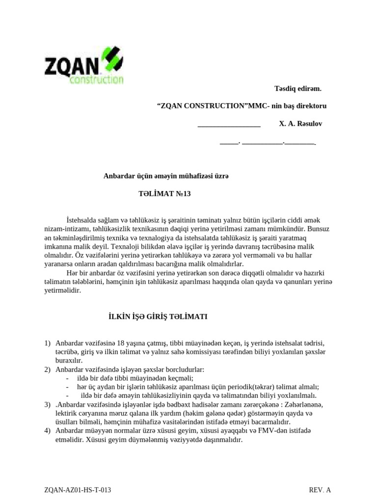 T13 Anbardar Təlimatı | PDF