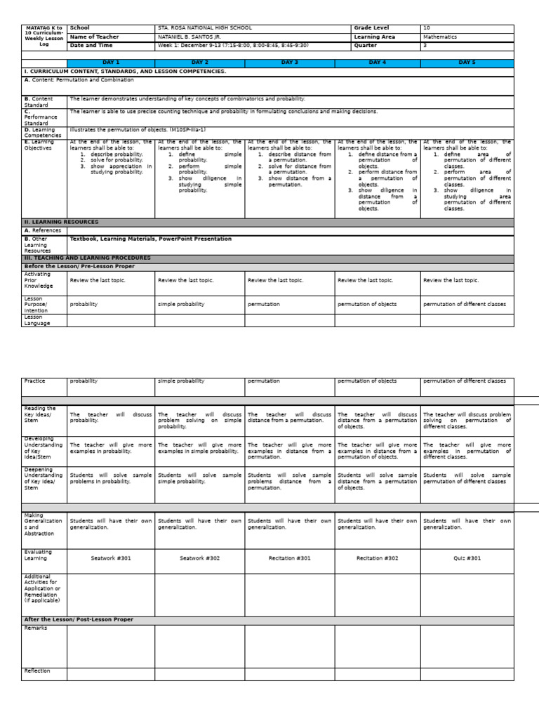 JHS Matatag Lesson Exemplar Mathematics10 3week1 | PDF | Teachers | Learning