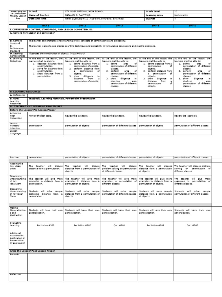 JHS Matatag Lesson Exemplar Mathematics10 3week3 | PDF | Teachers ...