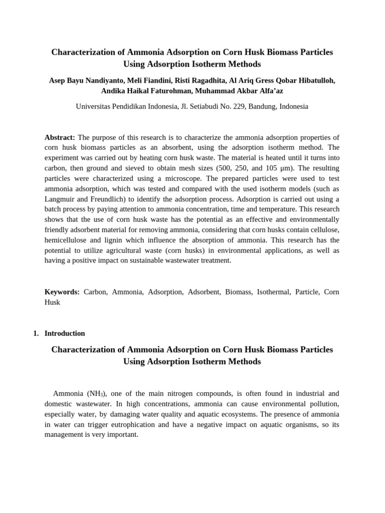 Characterization of Ammonia Adsorption on Corn Husk Biomass Particles ...