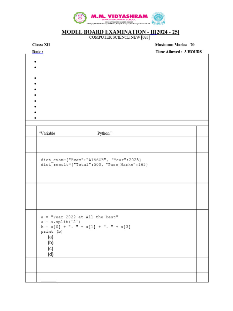 Class 12 Computer Science Pre-Board Exam 2024 | PDF | Scope (Computer ...