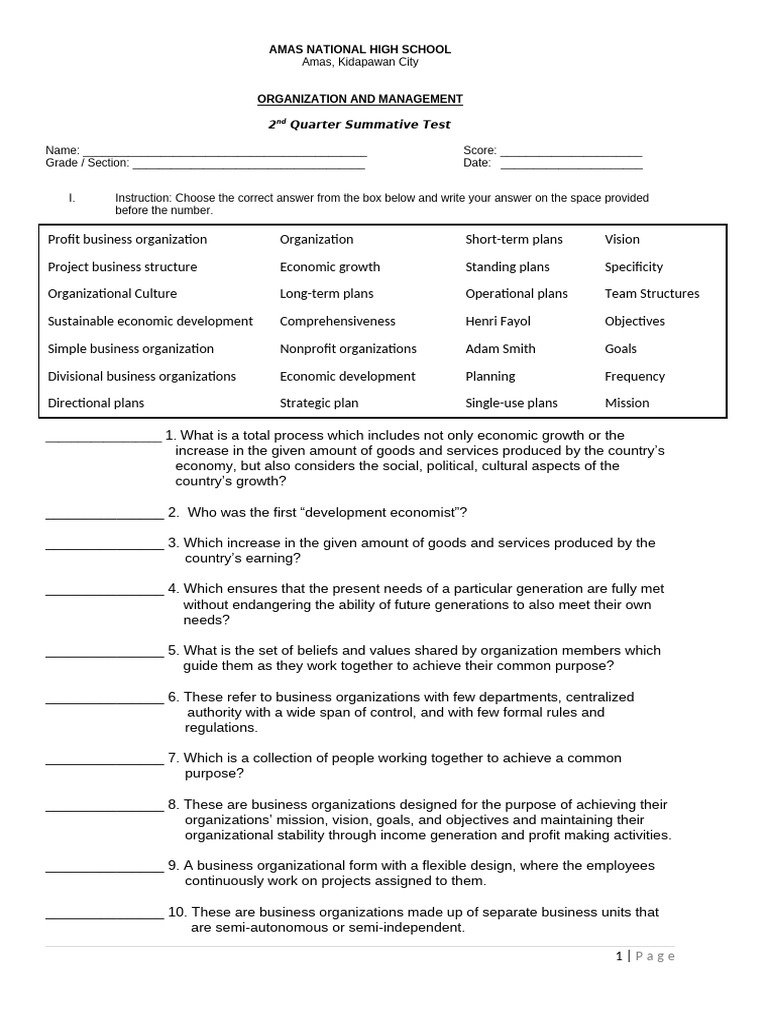 OM-1st Summative - 2nd Qaurter | PDF | Goal | Strategic Planning