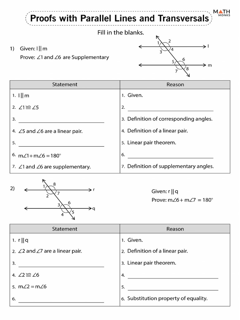 Proofs With Parallel Lines and Transversals Worksheet | PDF